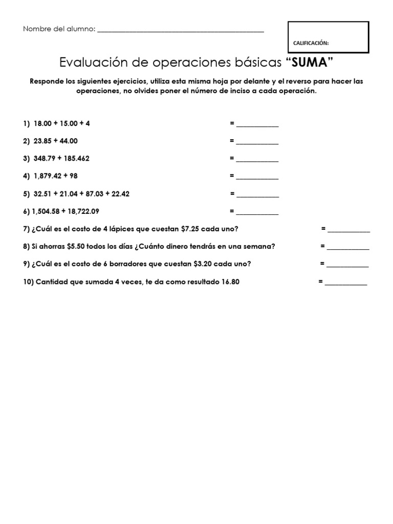 evaluacion suma | PDF
