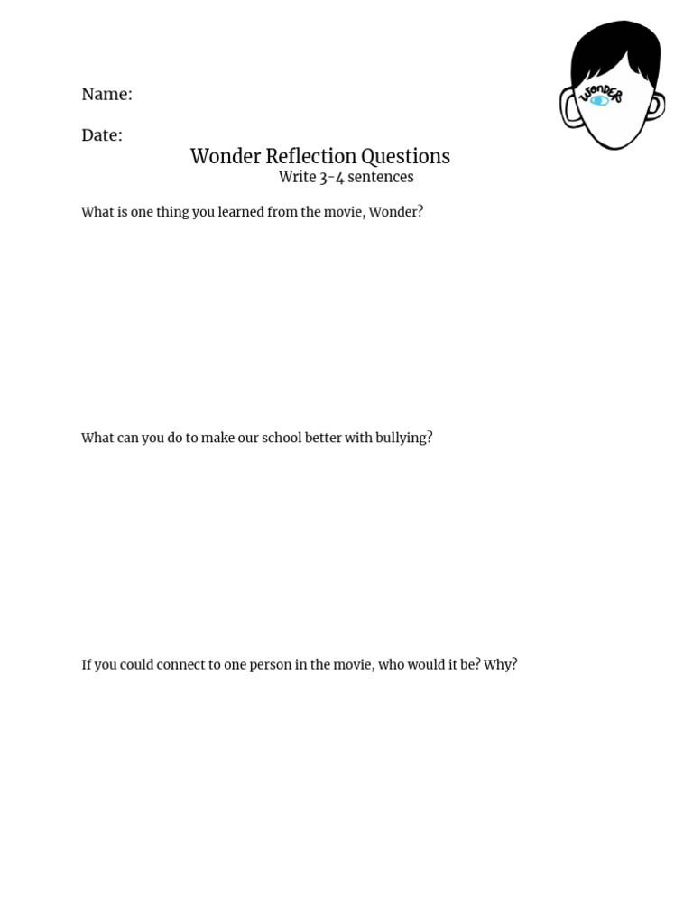 Wonder Reflection Questions: Name: Date | PDF