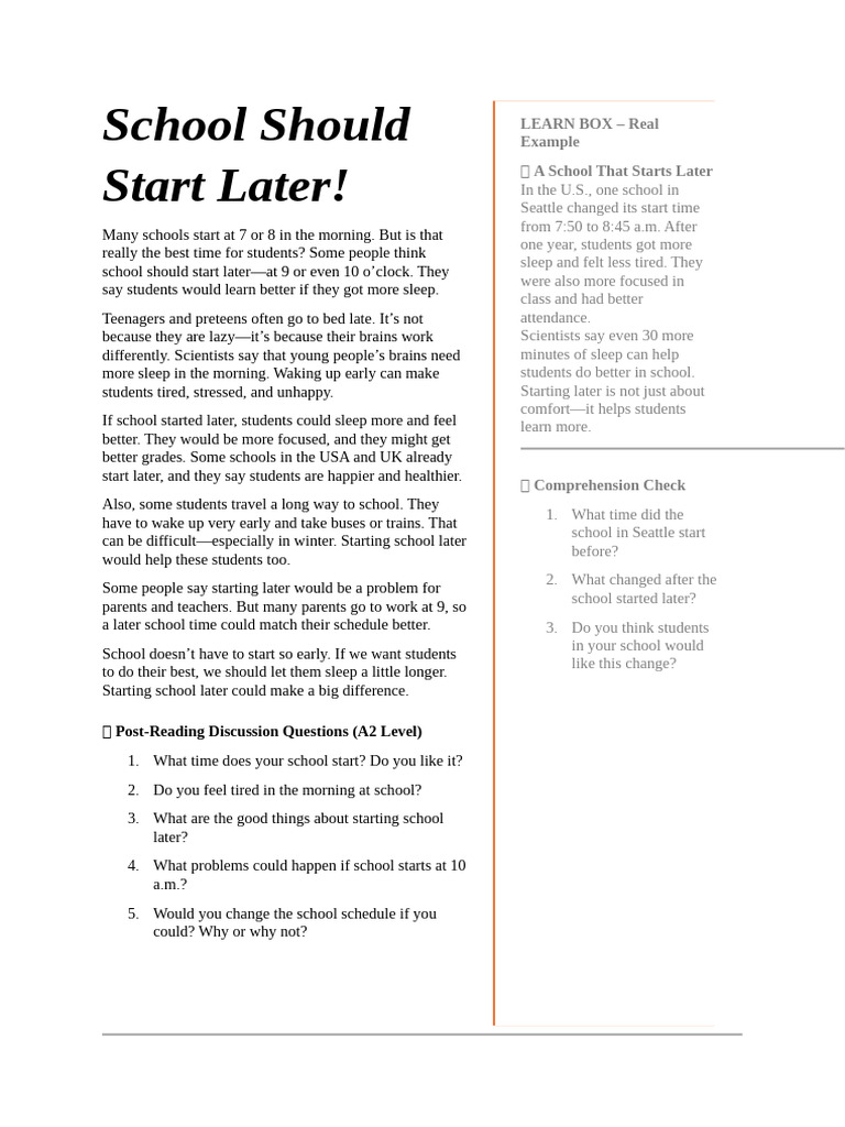 School Should Start Later 163275 | PDF | Sleep