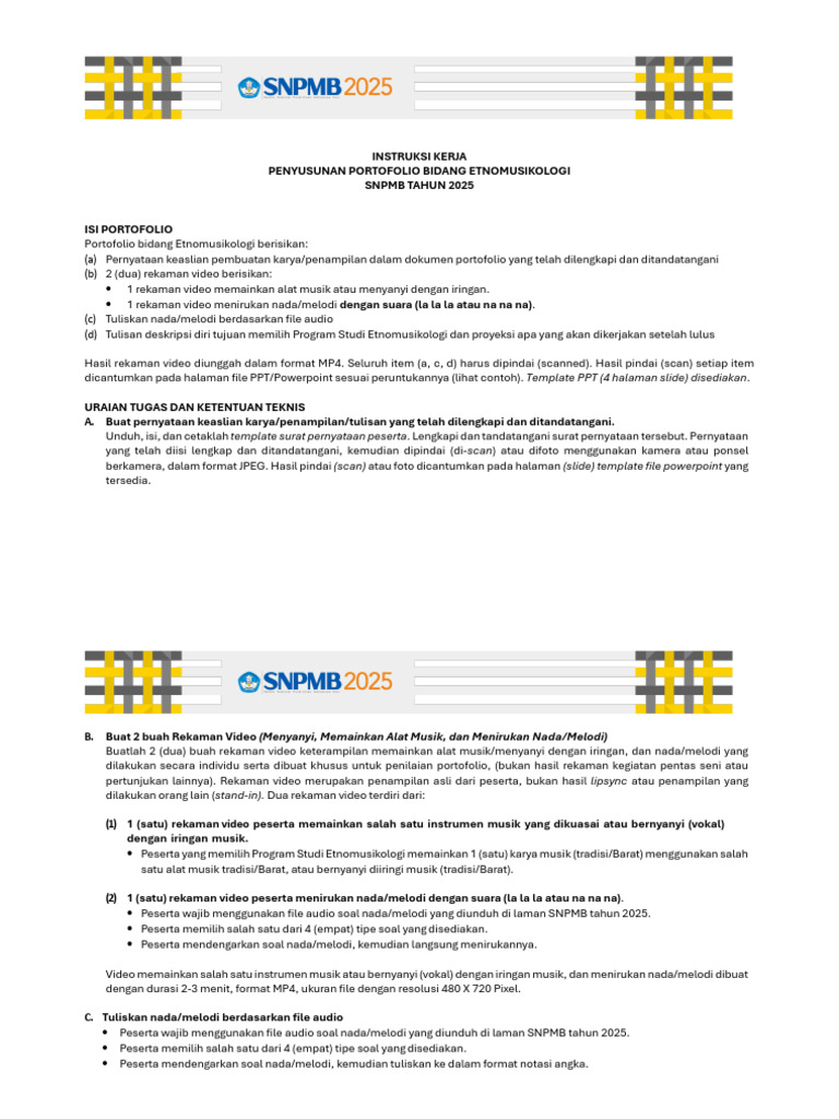Instruksi Kerja Portofolio Etnomusikologi SNPMB 2025 | PDF