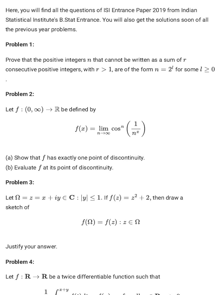 I.S.I B.Stat Paper 2019 Subjective - Problems & Solutions - Cheenta Academy | PDF | Mathematical ...