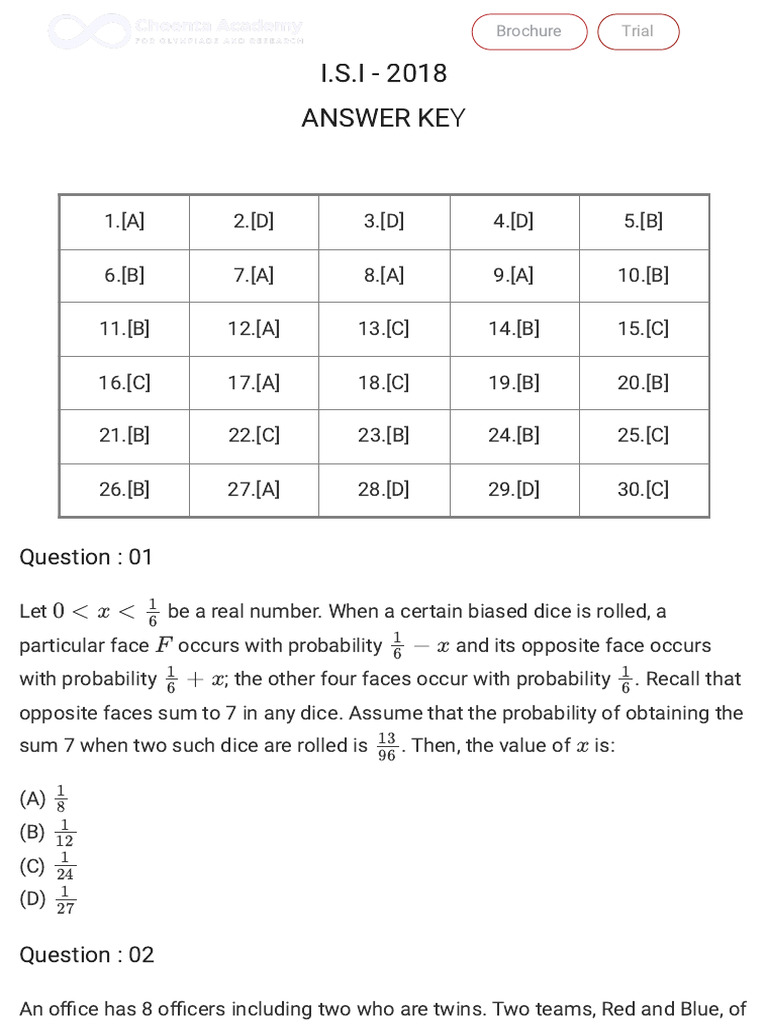 ISI BStat BMath Entrance 2018 - Objective Problems and Answers ...