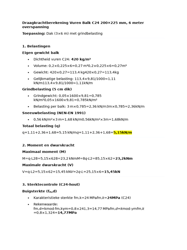 Draagkrachtberekening Vuren Balk C24 200×225 MM, 6 Meter Overspanning | PDF
