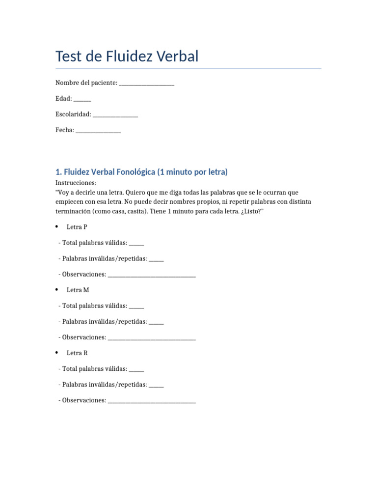 Test Fluidez Verbal | PDF