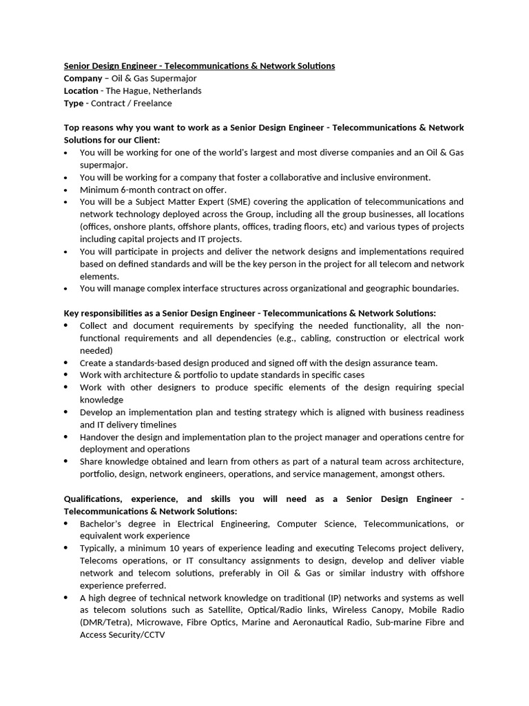 Senior Design Engineer - Telecommunications & Network Solutions | PDF ...