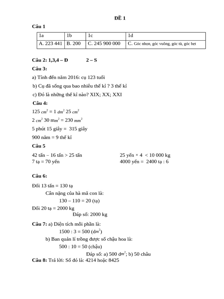 Đáp Án Toán Gk1 L P 4 KNTT | PDF