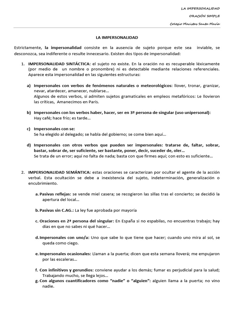 Oraciones Impersonales | PDF | Verbo | Asunto (gramática)