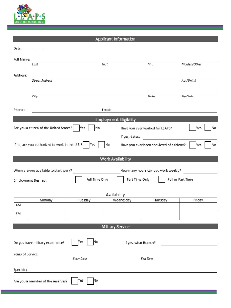 Employment Application Form for LEAPS | PDF | Employment | At Will ...