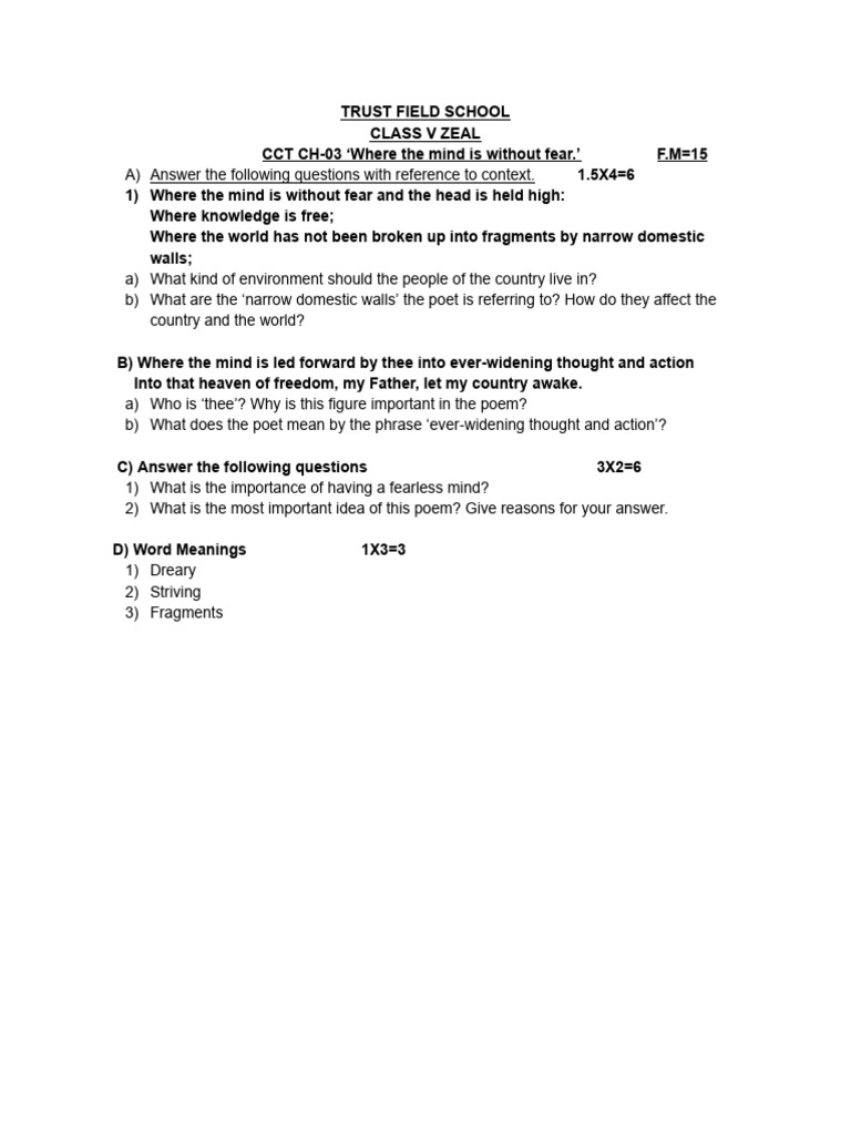 CLASS V CCT CH-03 Where The Mind Is Without Fear. | PDF