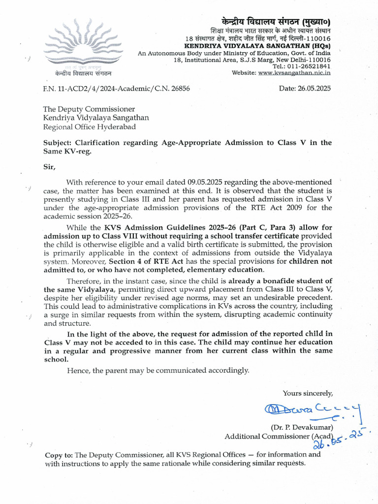 Clarification Regarding Age - Appropriate Admission To Class V in The Same KV-reg. | PDF ...