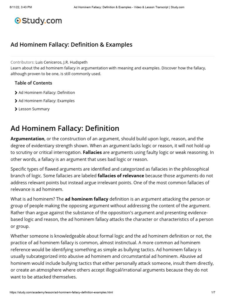 Ad Hominem Fallacy - Definition & Examples - Video & Lesson Transcript ...
