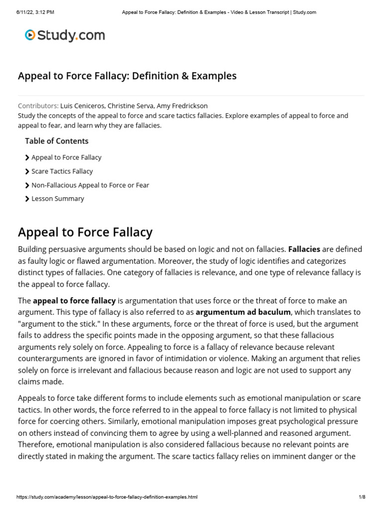 Appeal To Force Fallacy - Definition & Examples - Video & Lesson Transcript | PDF | Fallacy ...