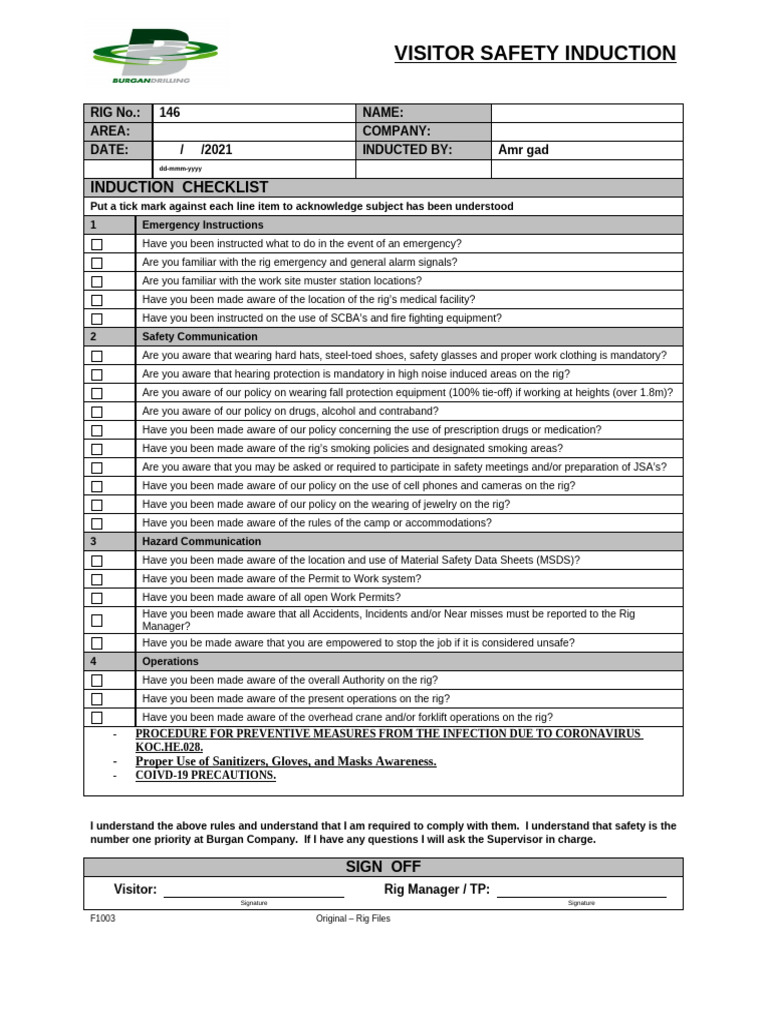 Visitor Induction Attendance Sheet New | PDF | Safety | Occupational ...