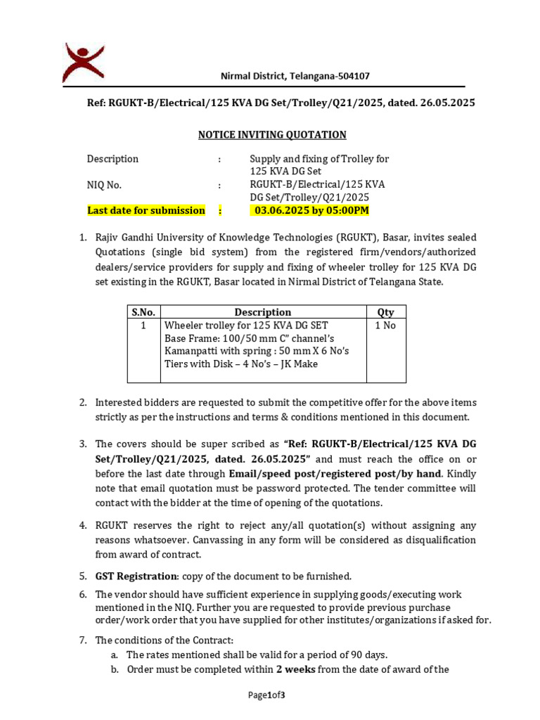 Q21 - Notice Inviting Quotation For Supply and Fixing of Trolley For ...