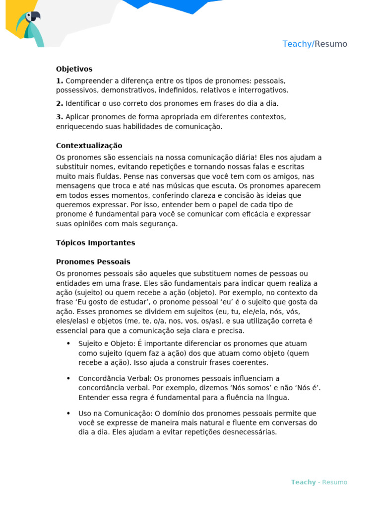 Resumo Dos Tipos de Pronomes | PDF | Pronome | Comunicação