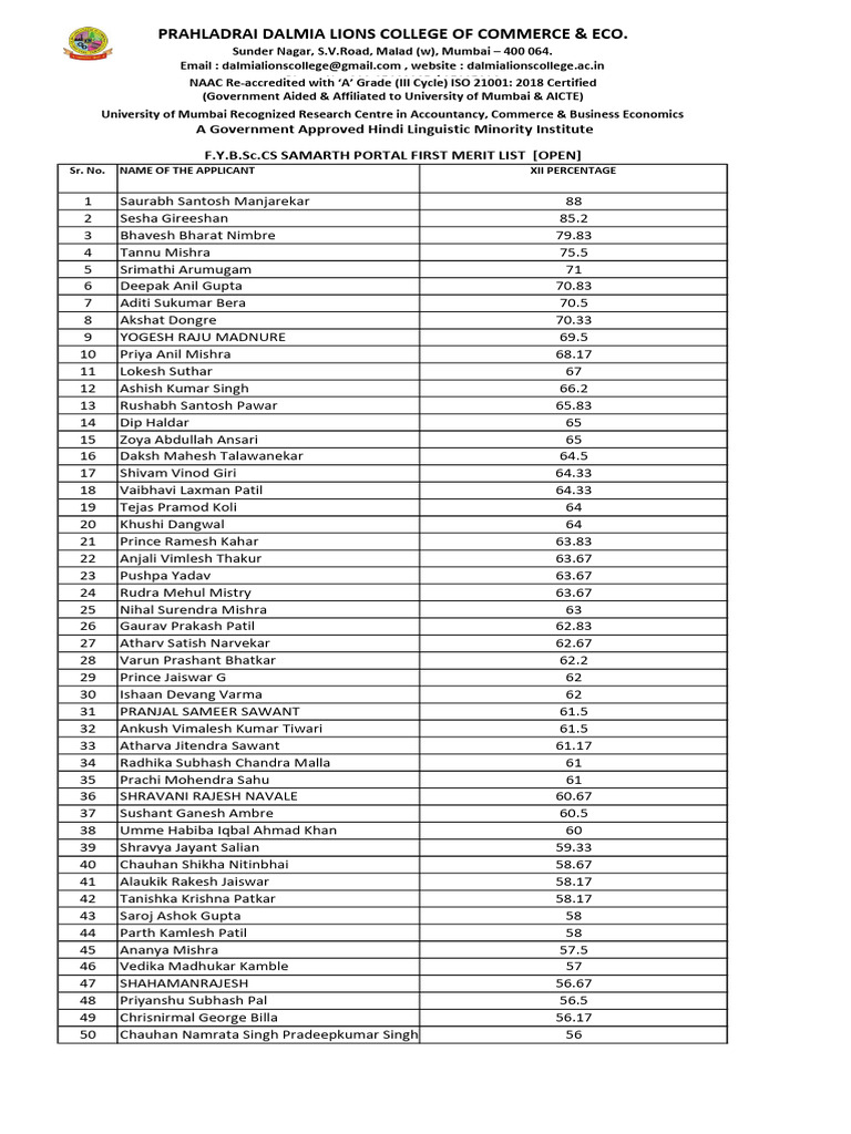 Dalmia College First Merit List 2025-26 | PDF