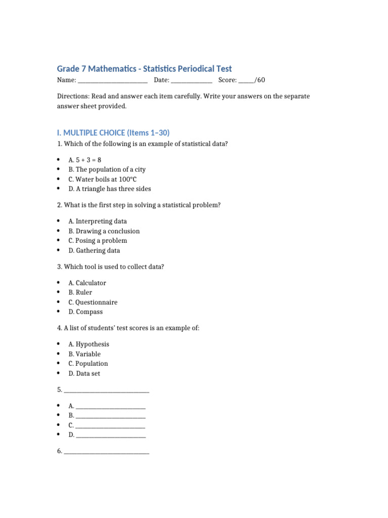 Grade 7 Statistics Test Questions | PDF | Histogram | Statistics