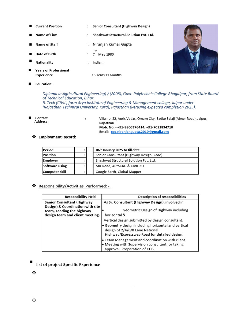 Niranjan Gupta - Resume - 19-02-2025 | PDF | Land Transport | Road