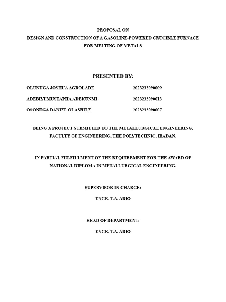 Proposal on Design and Construction of a Gasoline-1 | PDF | Foundry | Mechanical Engineering