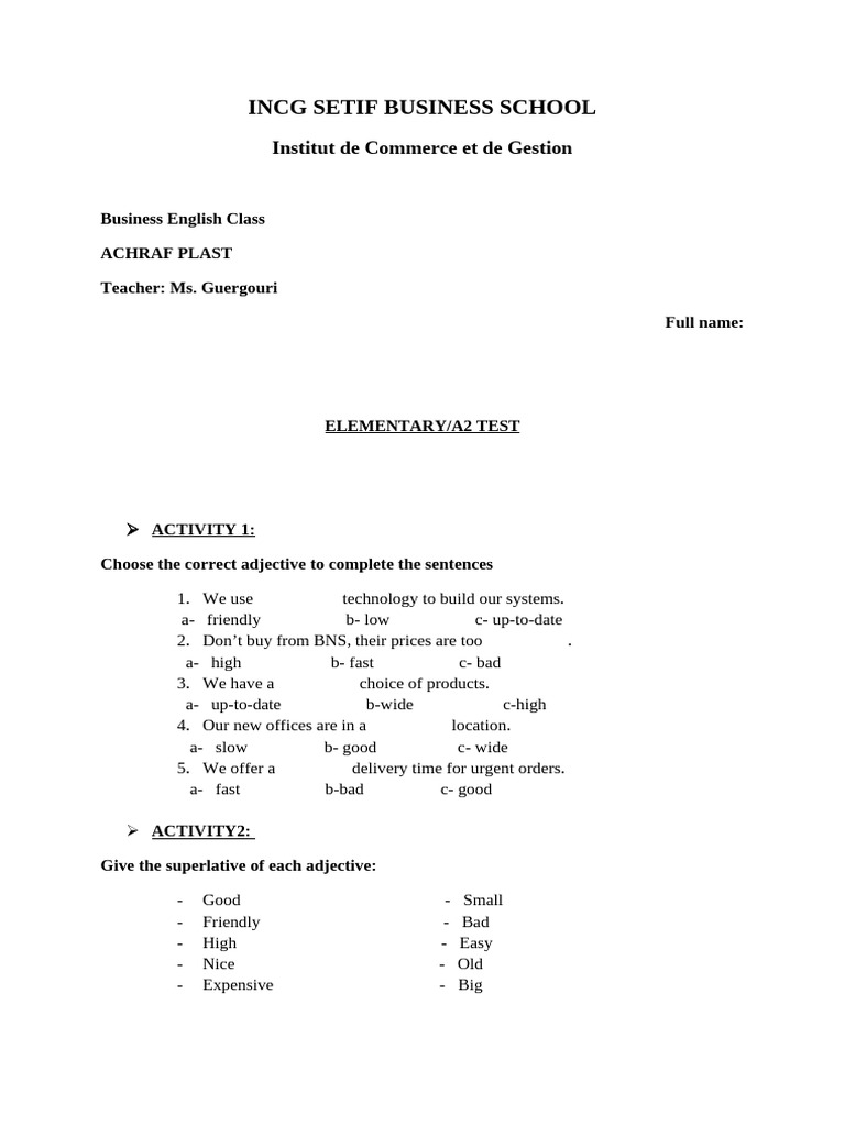 A2 Business English Test Activities | PDF