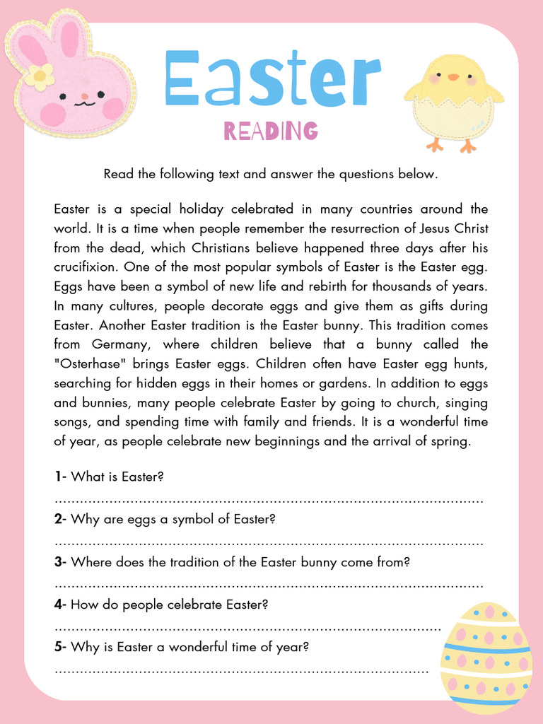 Easter Reading Comprehension Worksheet in Yellow Pink Cute Style | PDF