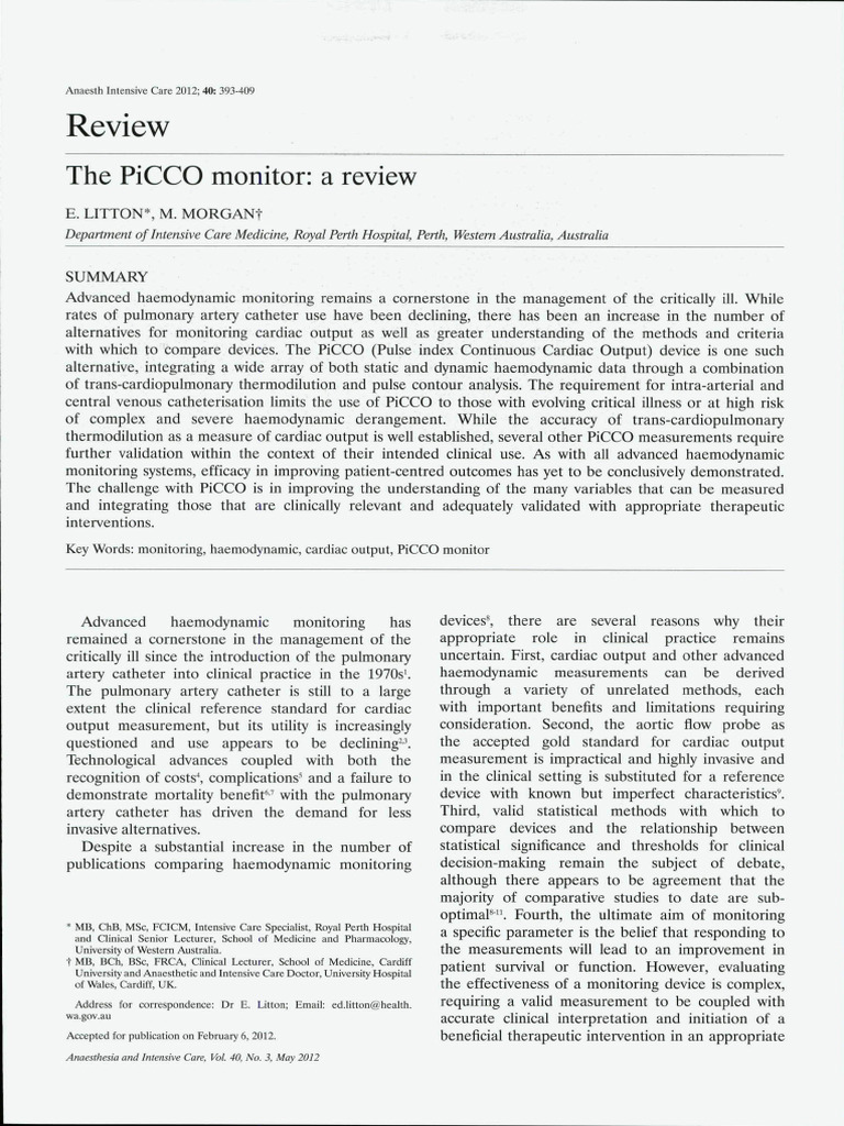 Litton 2012 - A Review of The PiCCO Monitor | PDF | Monitoring ...