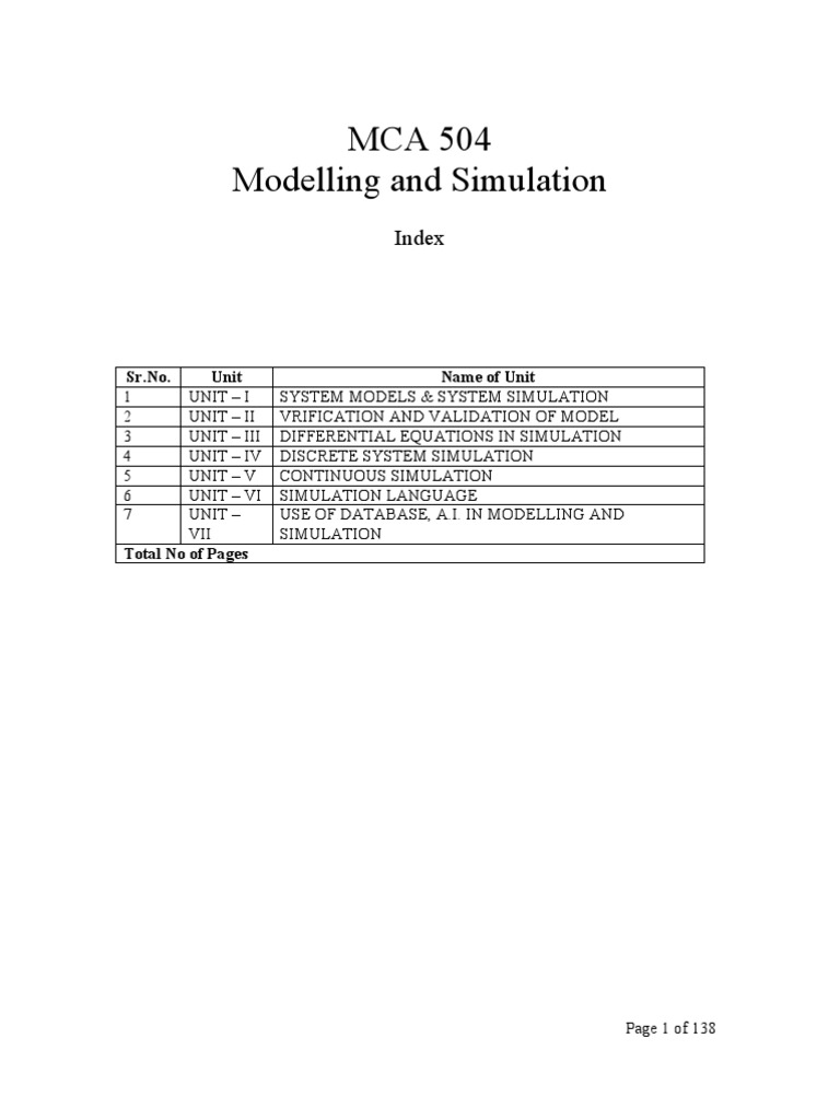MCA 504 Modelling and Simulation: Index | PDF | Conceptual Model | Computer Simulation