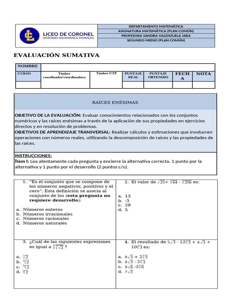 Evaluacion Sumativa Raíces Fila B | PDF | Raíz cuadrada | Números
