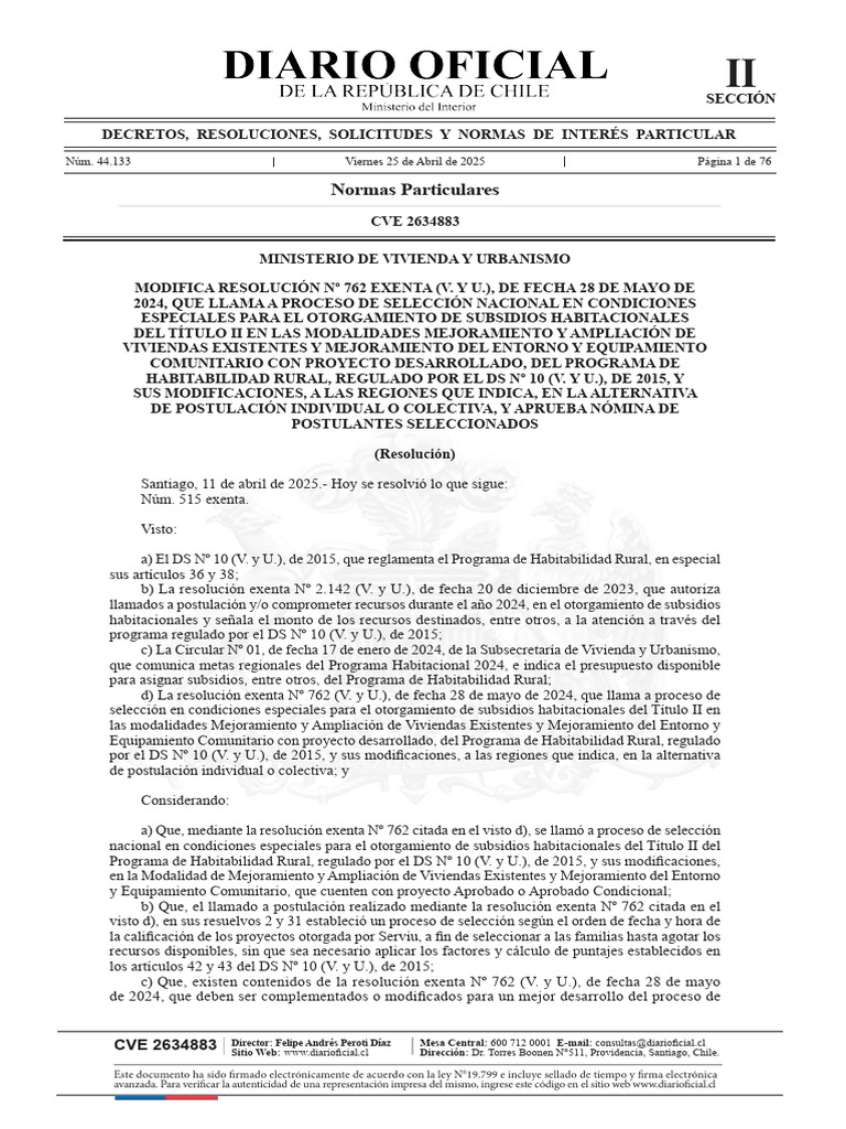 RE 515 Ministro - Modifica RE 762 y Selecciona Familias DO | PDF | Chile