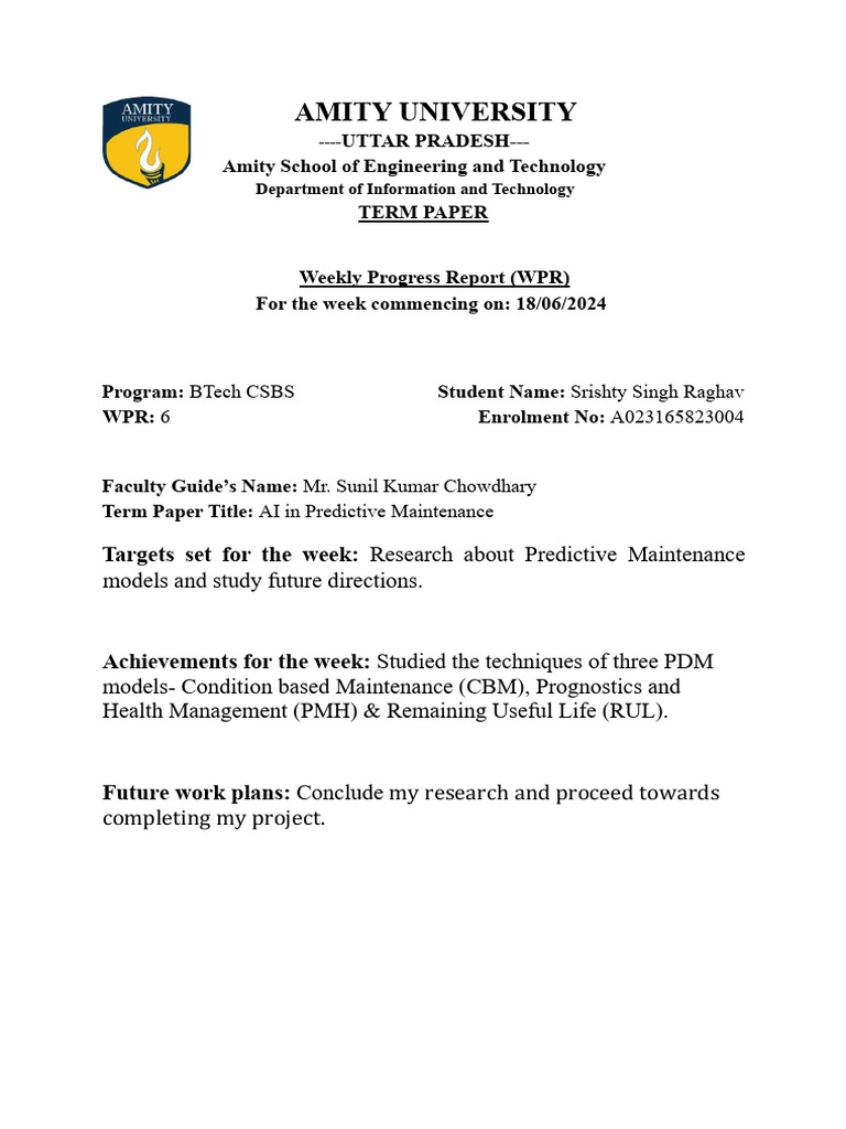Weekly Progress Report on AI Research | PDF