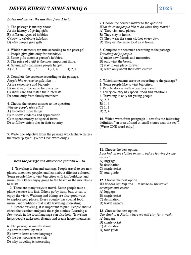 Deyer Kursu 7 Si̇ni̇f Sinaq 6 | PDF