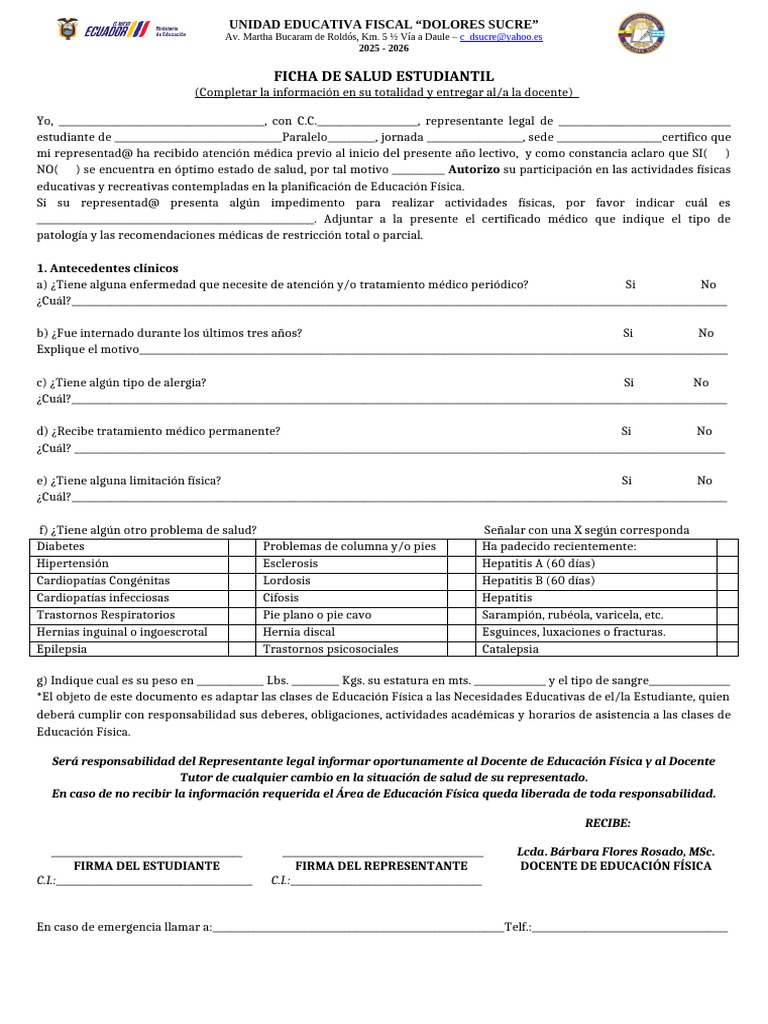 Ficha de Salud Estudiantil 2025 Corregida | PDF | Enfermedades y trastornos humanos ...