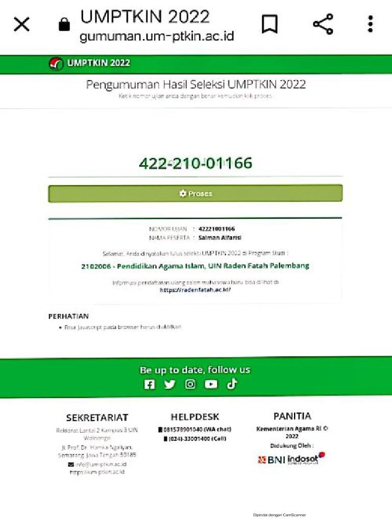 Contoh Bukti Kelulusan PTN | PDF