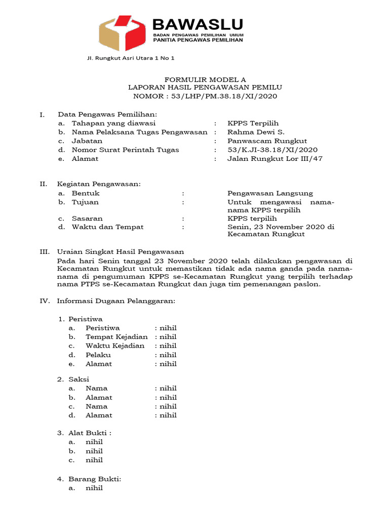 Formulir Model A Pengawasan Nama-Nama KPPS | PDF