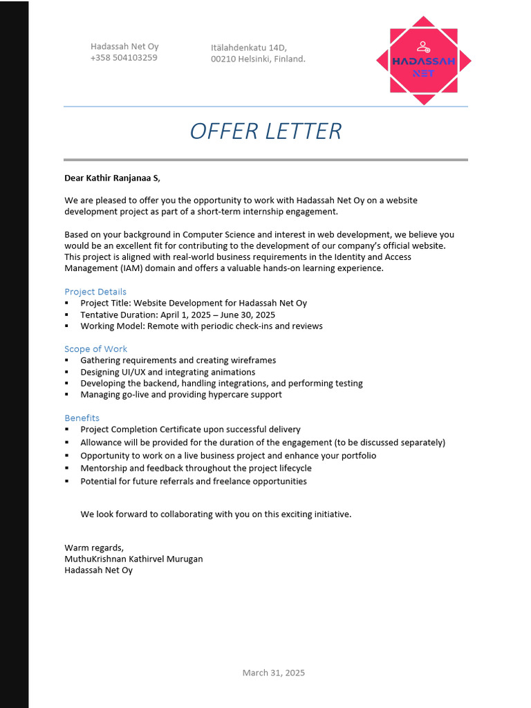 Finland Internship Offer Letter | PDF