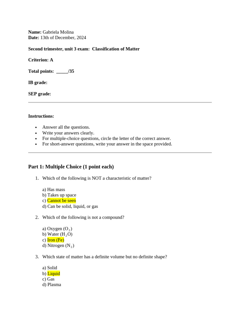 Classification of Matter Exam Guide | PDF | Mixture | Chemical Substances