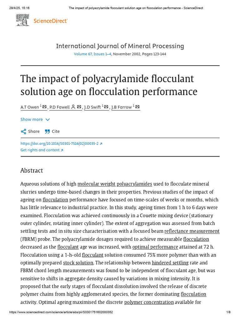 The Impact of Polyacrylamide Flocculant Solution Age On Flocculation Performance | PDF ...