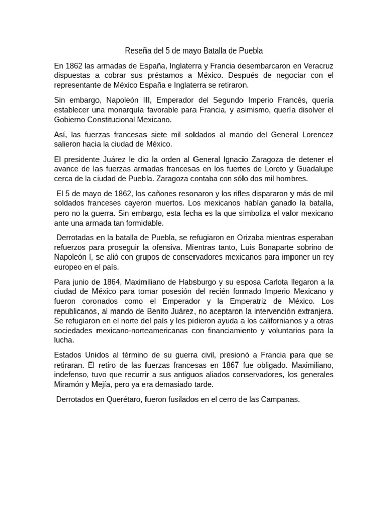 Reseña Del 5 de Mayo Batalla de Puebla | PDF