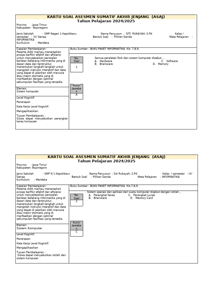 KARTU SOAL ASESMEN SUMATIF AKHIR JENJANG | PDF