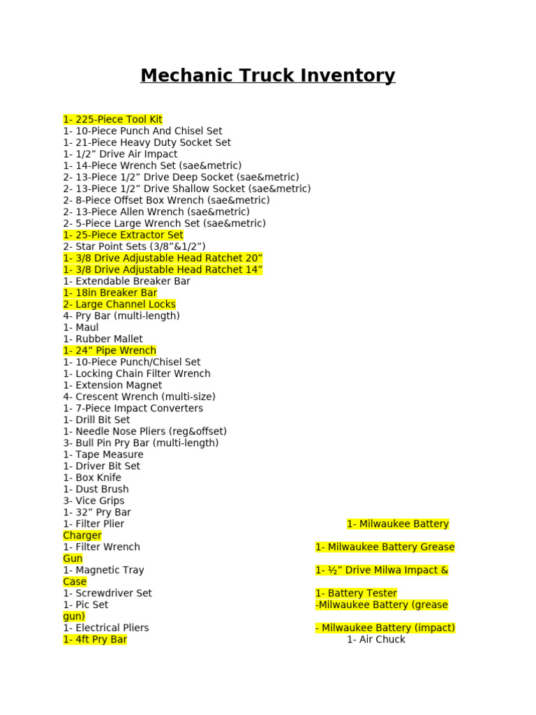 Mechanic Truck Inventory | PDF