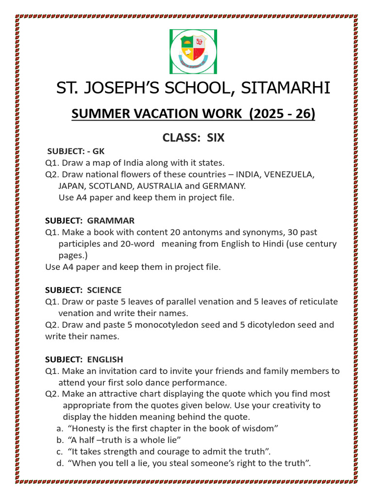 SJS Summer Vacation Work 2025 - STD. 6 | PDF