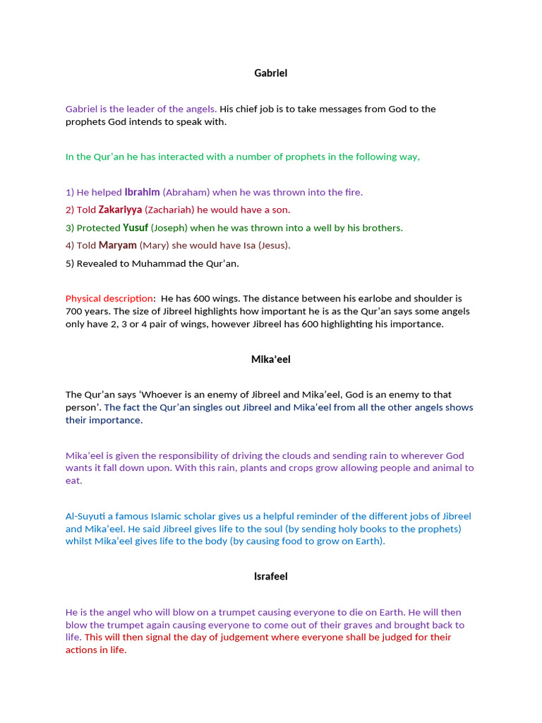 Information About Angels | PDF | Gabriel | Prophets And Messengers In Islam