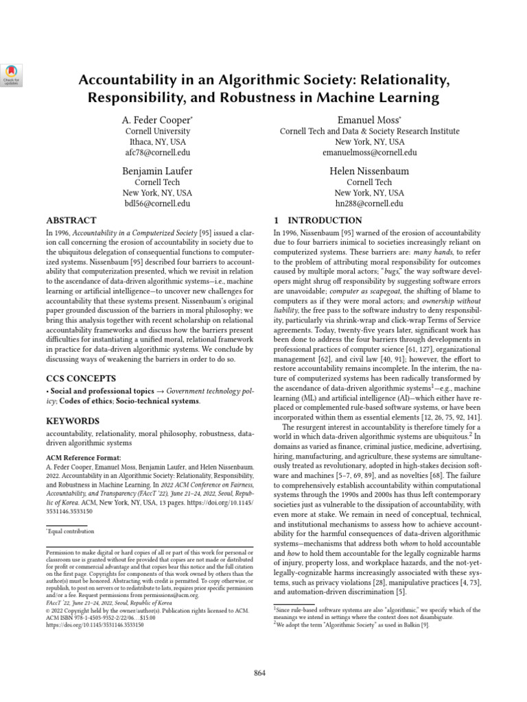 Accountability in An Algorithmic Society Relationality, Responsibility ...