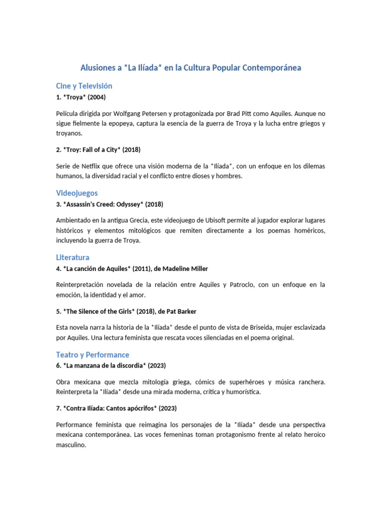 Alusiones a la Ilíada en Cultura Popular | PDF | Ilíada | Mitología griega