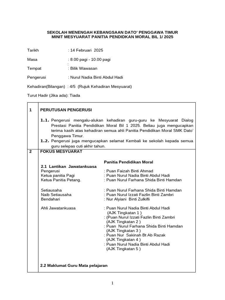Minit Mesyuarat Pendidikan Moral Bil.1 | PDF