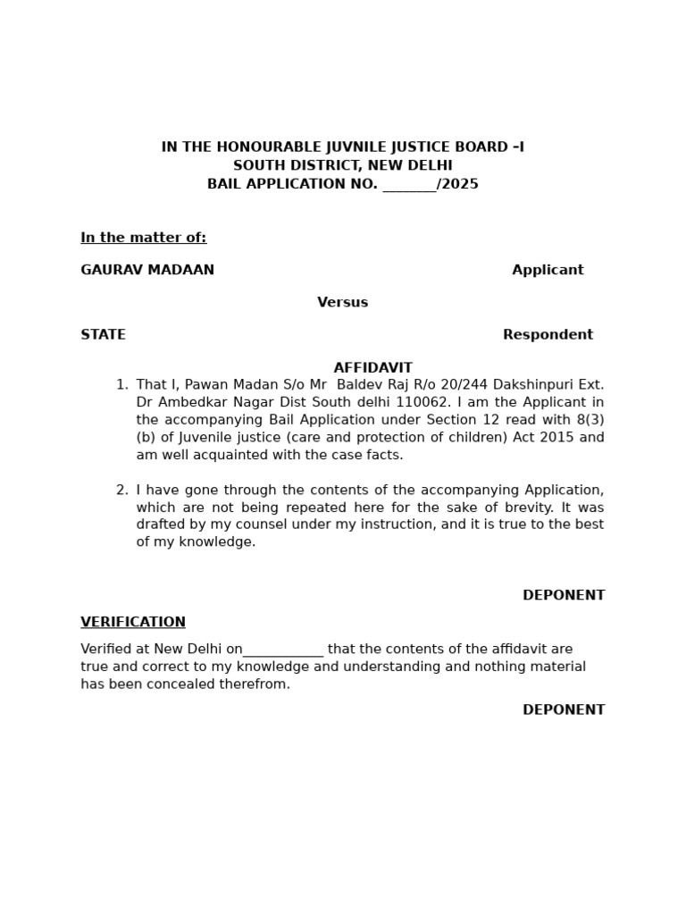 Bail Application Affidavit for Juvenile | PDF
