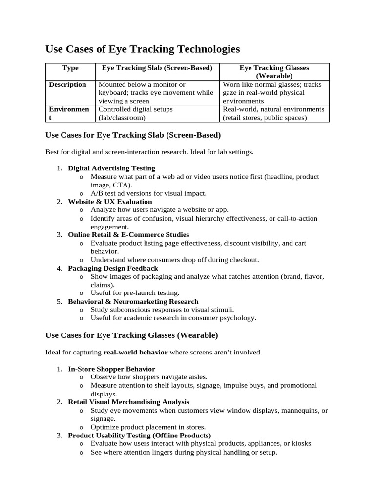 Use Cases of Eye Tracking Technologies | PDF | Marketing | Human Communication