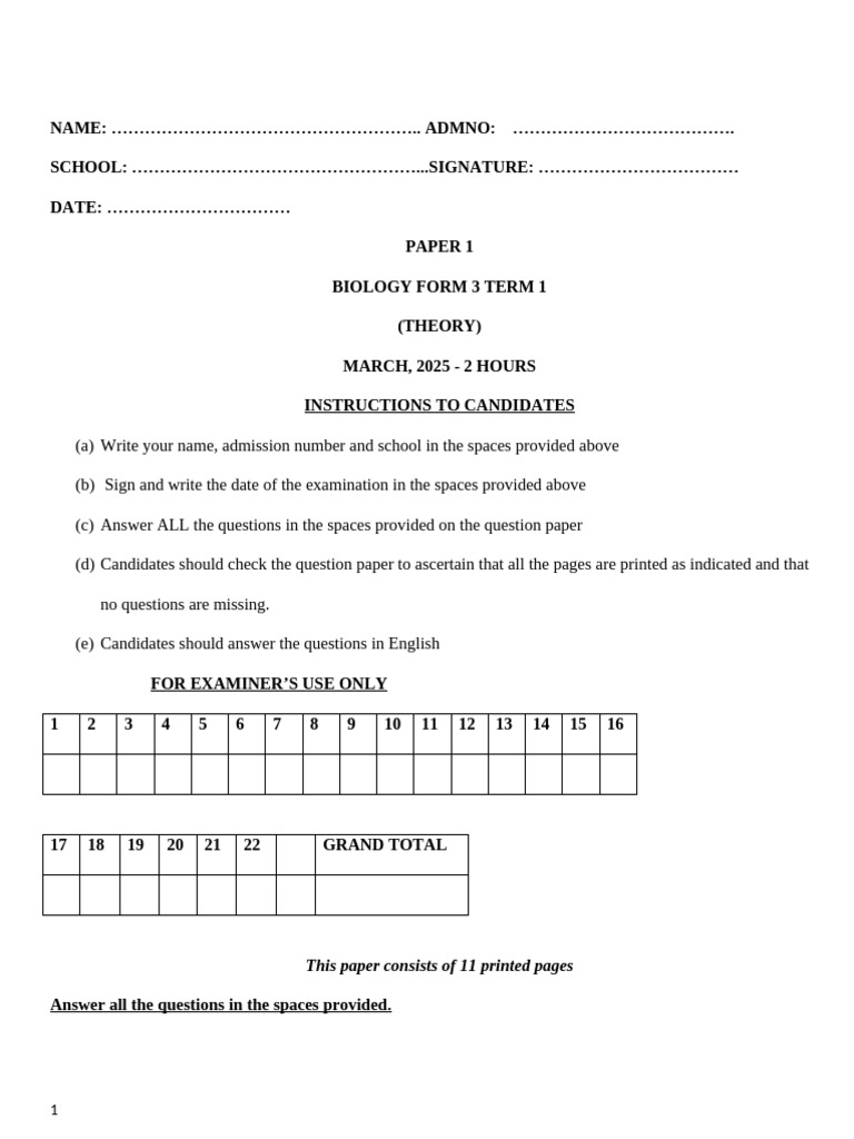 Biology Form 3 Term 1 Exam Paper | PDF | Foods | Biology