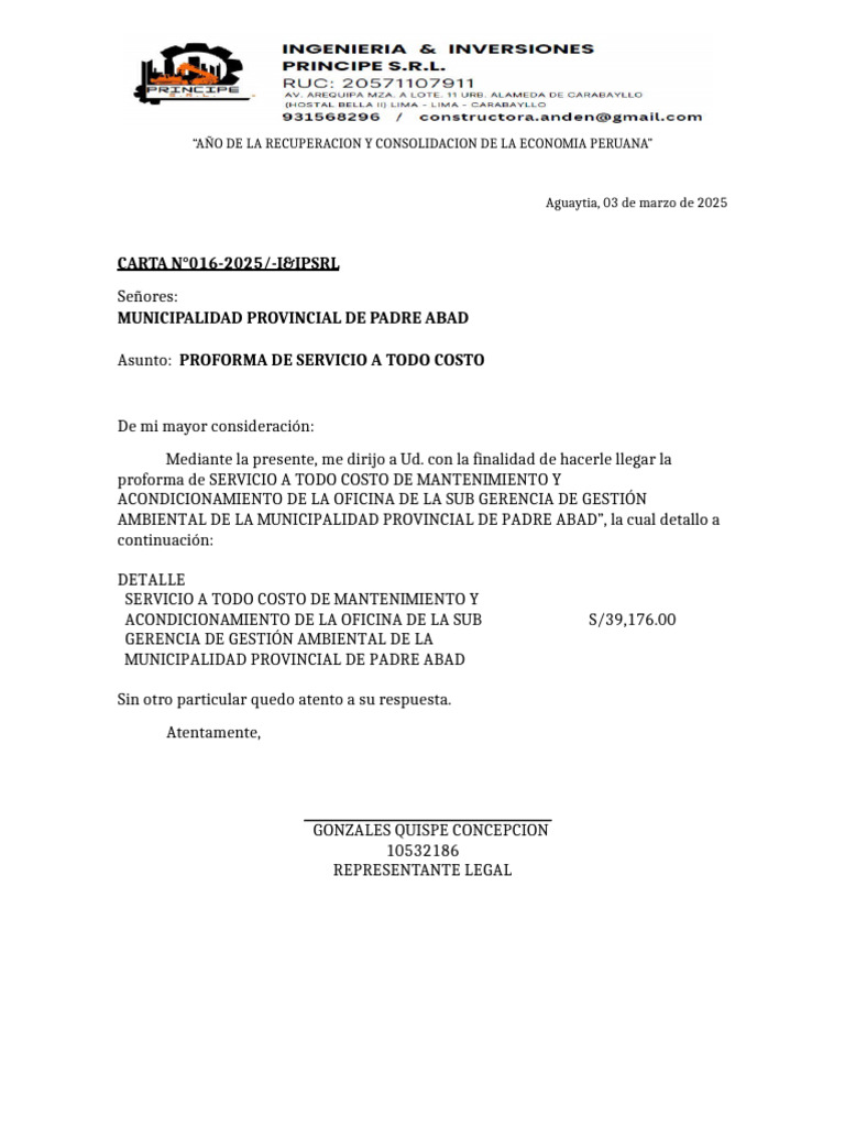 Carta Proforma Principe | PDF