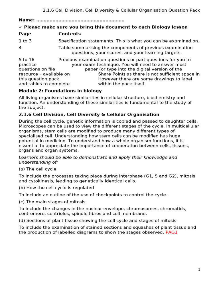Copy of 2.1.6 Cell Division Diversity & Organisation Question Pack 2015 ...
